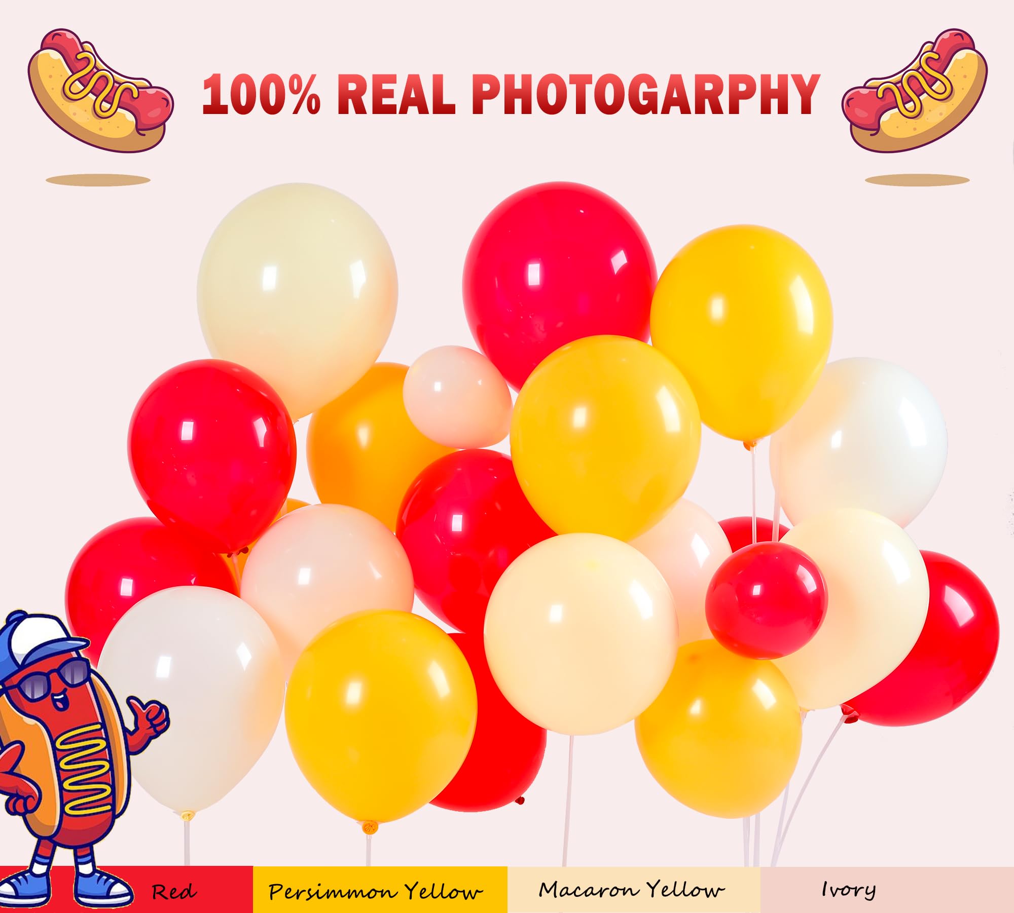 Woaipati Cute Hot Dog Balloon Garland Arch Kit，151PCS Red and Yellow Balloons, Creative Theme for Baby Shower Gender Reveal Boy Girl Birthday Cookout Fast Food Snacks Themed Party Decorations