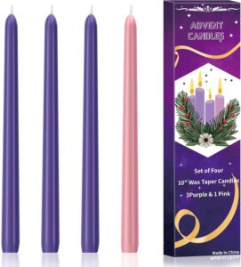 4 pack advent taper candles set, 10-inch premium hand-dipped unscented christmas advent candles - perfect for holidays, seasonal celebrations, church services, and parties.