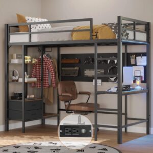 dictac twin size loft bed with desk and led lights metal loft bed with charging station & storage shelves and drawers twin junior bed with clothes rail,safety guard &ladder,no box spring needed,black