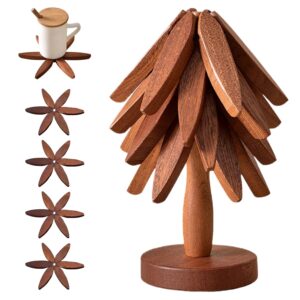 wooden trivets for hot dishes， tree shape trivet set,trivets for hot dishes - 4 wooden trivets + 1 stand stored like a christmas tree (walnut wood)