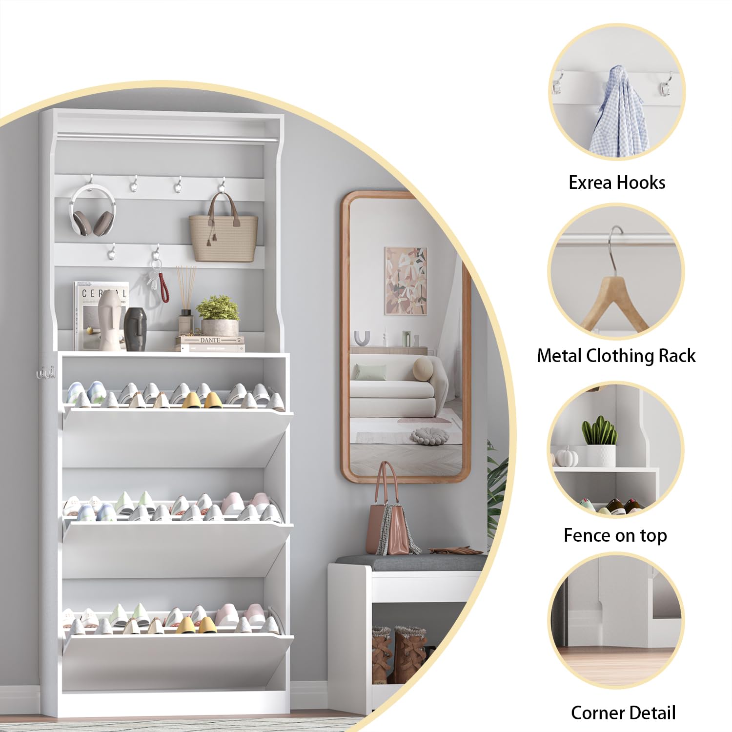 Boonatu Shoe Cabinet Storage for Entryway, Shoe Cabinet Storage with 3 Flip Drawers, Shoe Cabinet for Entryway Slim Space, White Shoe Cabinet Freestanding Wood Tall Shoe Rack for Entryway, Hallway