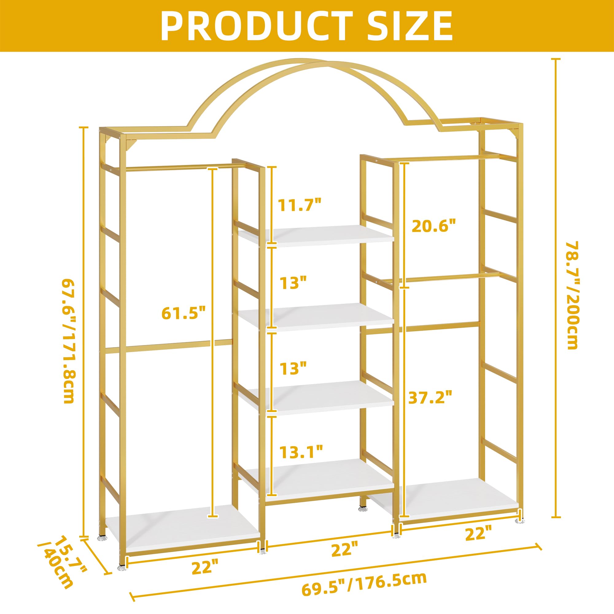 DWVO Heavy Duty Clothes Rack with Storage Shelves, Closet Organizer System for Hanging Clothes, 4-Tier Garment Rack Wardrobe with 3 Hanging Rods and 6 Shelves, Gold