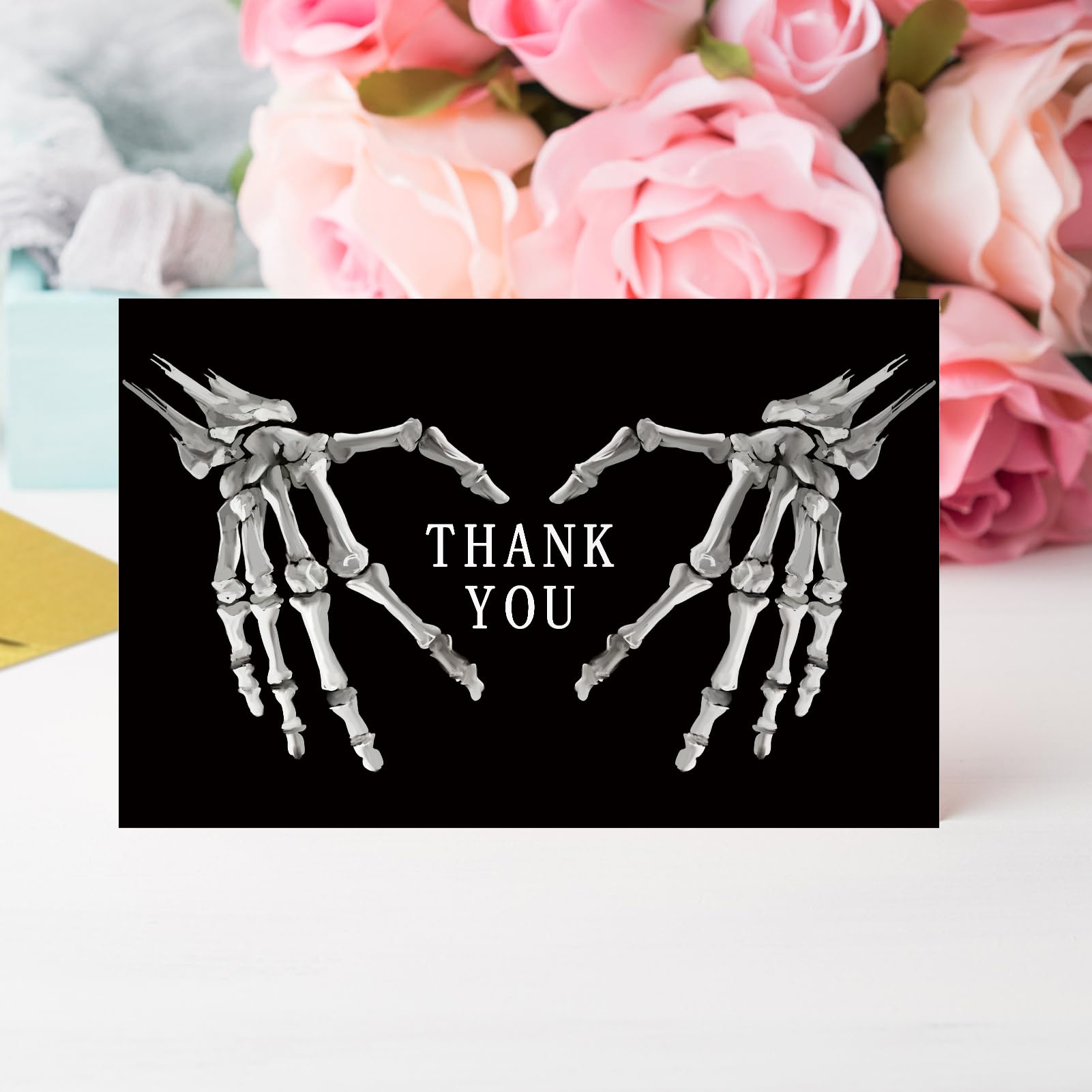 Qiliji Gothic Thank You Card for Him Her, Goth Skeleton Heart Hands Thank You Card, Halloween Party Thank You Card, Wedding Thank You Card, Spooky Appreciation Card