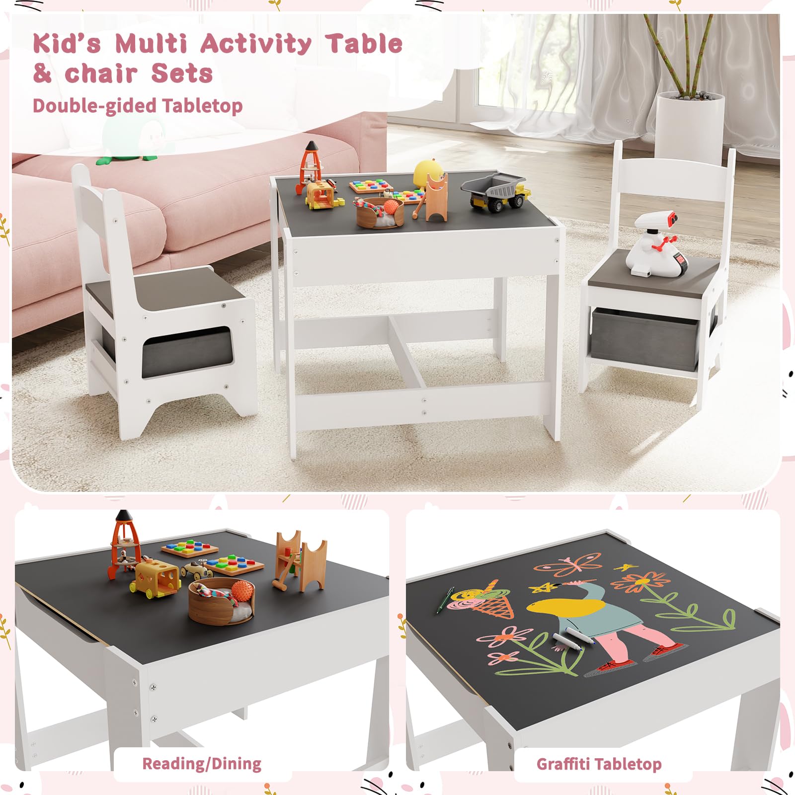 Maonlyking Kids Table and Chair Set, 3 in 1 Wooden Activity Table for Toddlers Arts, Crafts, Drawing, Reading, Playroom, Toddler w/ 2 in 1 Tabletop, Storage Space, Gift for Boy & Girl