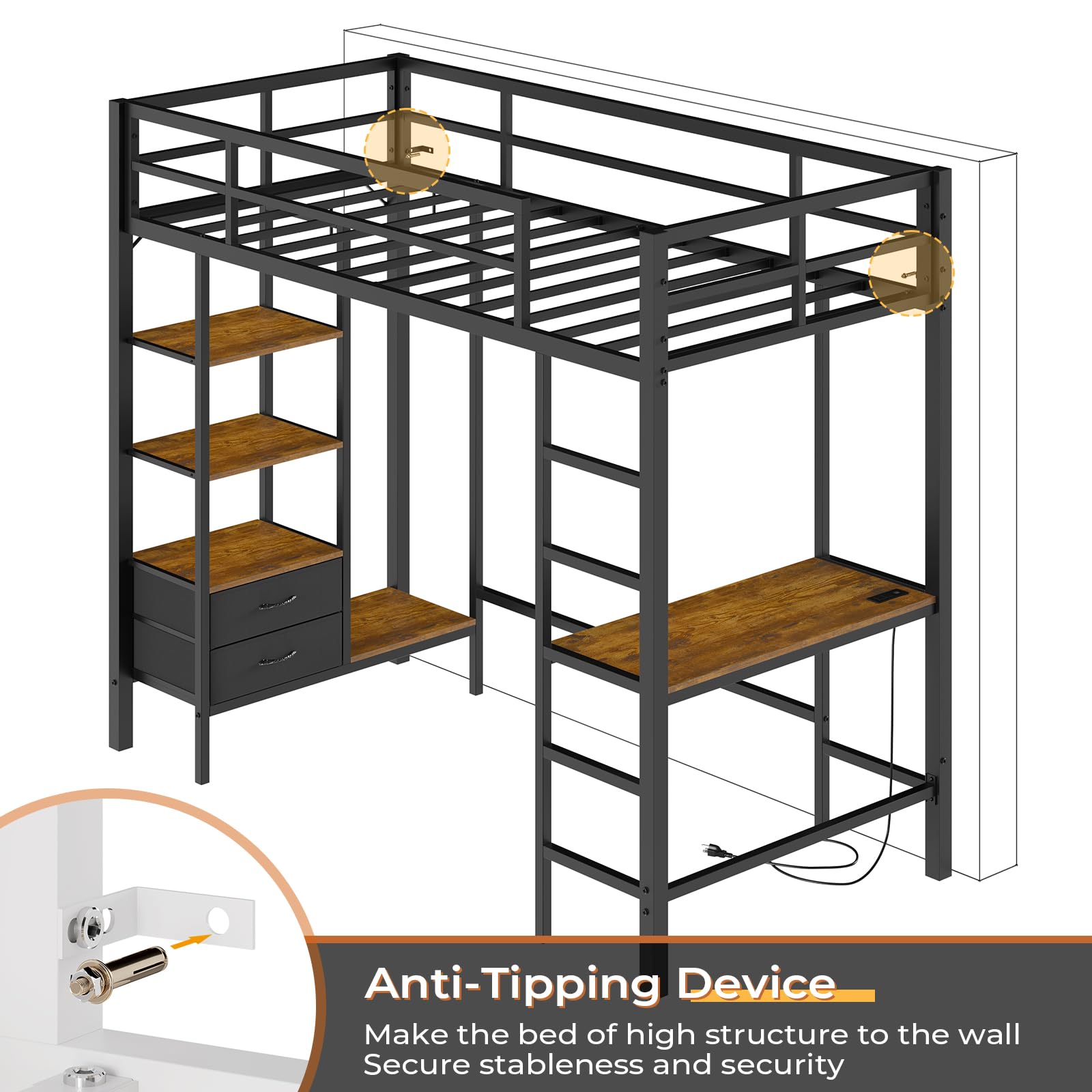 DICTAC Twin Size Loft Bed with Desk and Led Lights Metal Loft Bed with Charging Station & Storage Shelves and Drawers Twin Junior Bed with Clothes Rail,Safety Guard &Ladder,No Box Spring Needed,Black