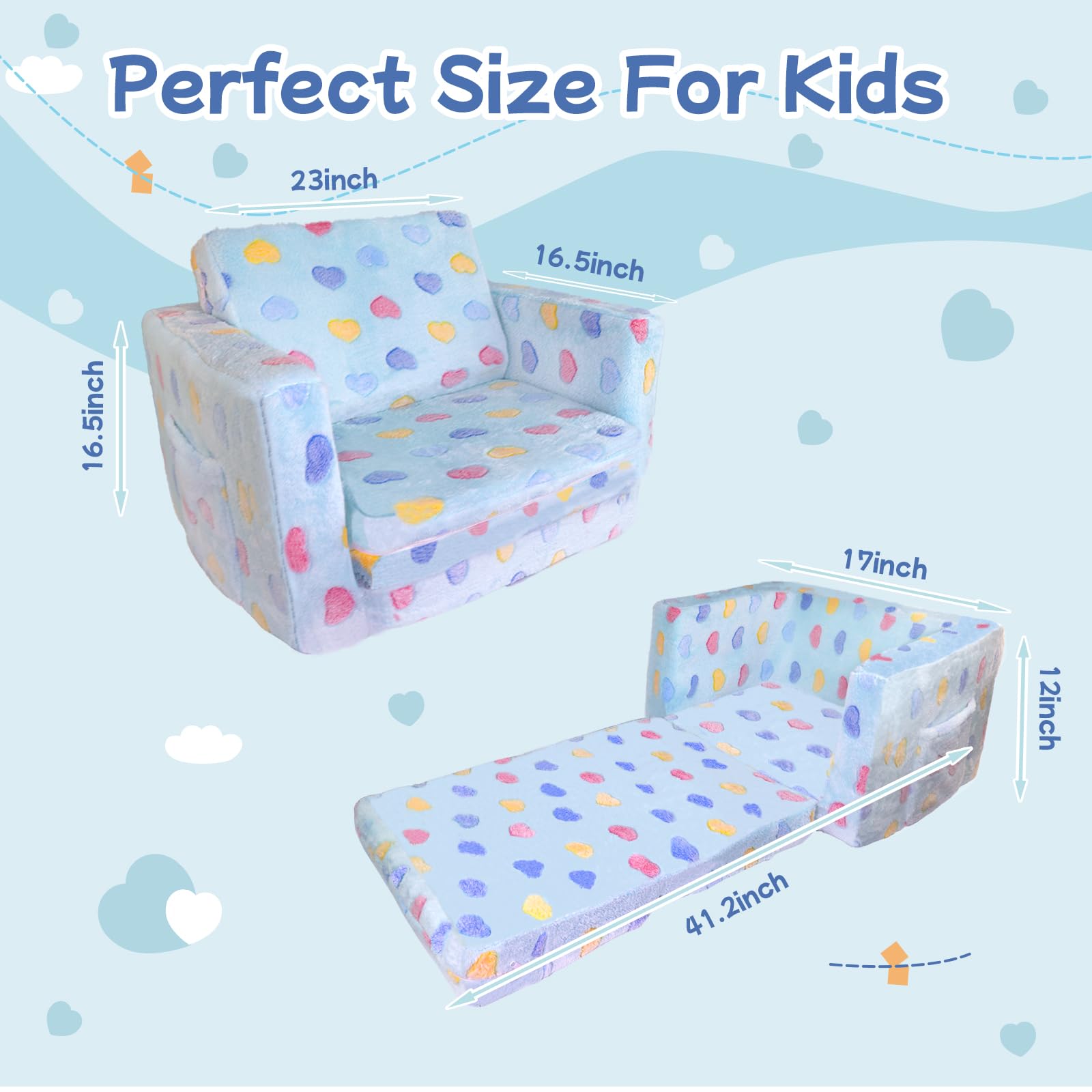 OSYKIU Kids Sofa, 2-in-1 Toddler Couch Fold Out, Comfy Toddler Sofa, Convertible Kids Couch to Lounger, Baby Sofa Chair for Boys and Girls Gifts, Folding Kids Play Sofa Bed