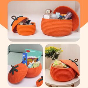 Halloween Storage Basket with Lid, Woven Pumpkin Basket, Cute Halloween Cotton Rope Woven Candy Basket Bag Organizer Bins for Halloween Party Favor Christmas Decorative Basket (S)