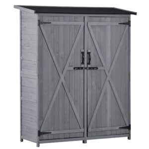 5.3fthx4.6ftl outdoor wood storage shed garden storage cabinet waterproof asphalt roof double lockable doors 3-tier shelves gray