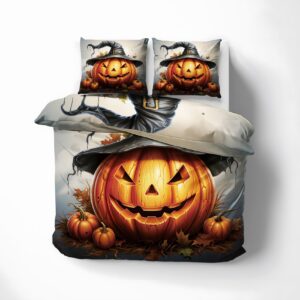 Pumpkin Lantern Duvet Cover King Size, Halloween Jack-O'-Lantern Pattern Bedding Set 3 Piece for Bedroom Decor, Witch Hat Funny Duvet Cover & 2 Pillow Shams, with Zipper & Ties, Super Soft Microfiber