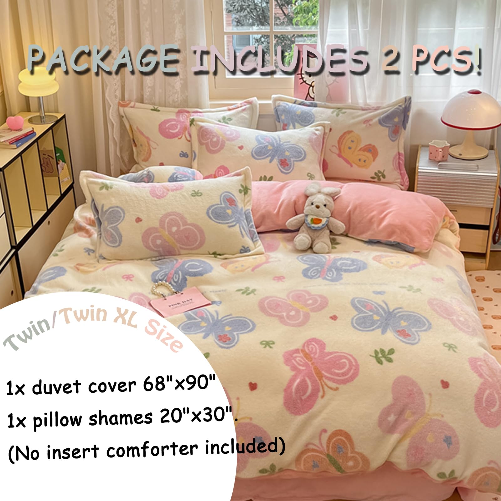 MorroMorn Twin Bedding Sets, Butterfly Pink Duvet Cover Set, Fluffy Comforter Covers Blanket Ultra Soft Kawaii Cute for Girls Kids Toddler Teen Women Twin/Twin XL Size