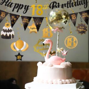 TIHEBAX Black&Gold 18th Birthday Decorations, 18th Birthday Decorations for Boys and Girls Happy 18th Birthday Banner with 10PCS Hanging Swirls Happy 18th Birthday Decorations 18th Birthday Party