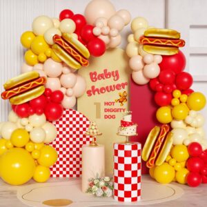 woaipati cute hot dog balloon garland arch kit，151pcs red and yellow balloons, creative theme for baby shower gender reveal boy girl birthday cookout fast food snacks themed party decorations