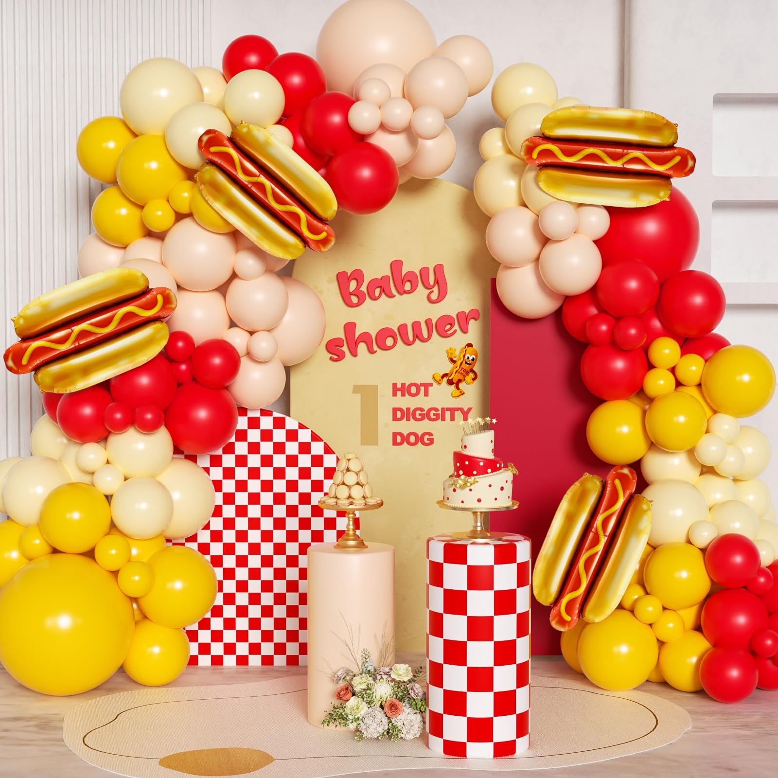 Woaipati Cute Hot Dog Balloon Garland Arch Kit，151PCS Red and Yellow Balloons, Creative Theme for Baby Shower Gender Reveal Boy Girl Birthday Cookout Fast Food Snacks Themed Party Decorations