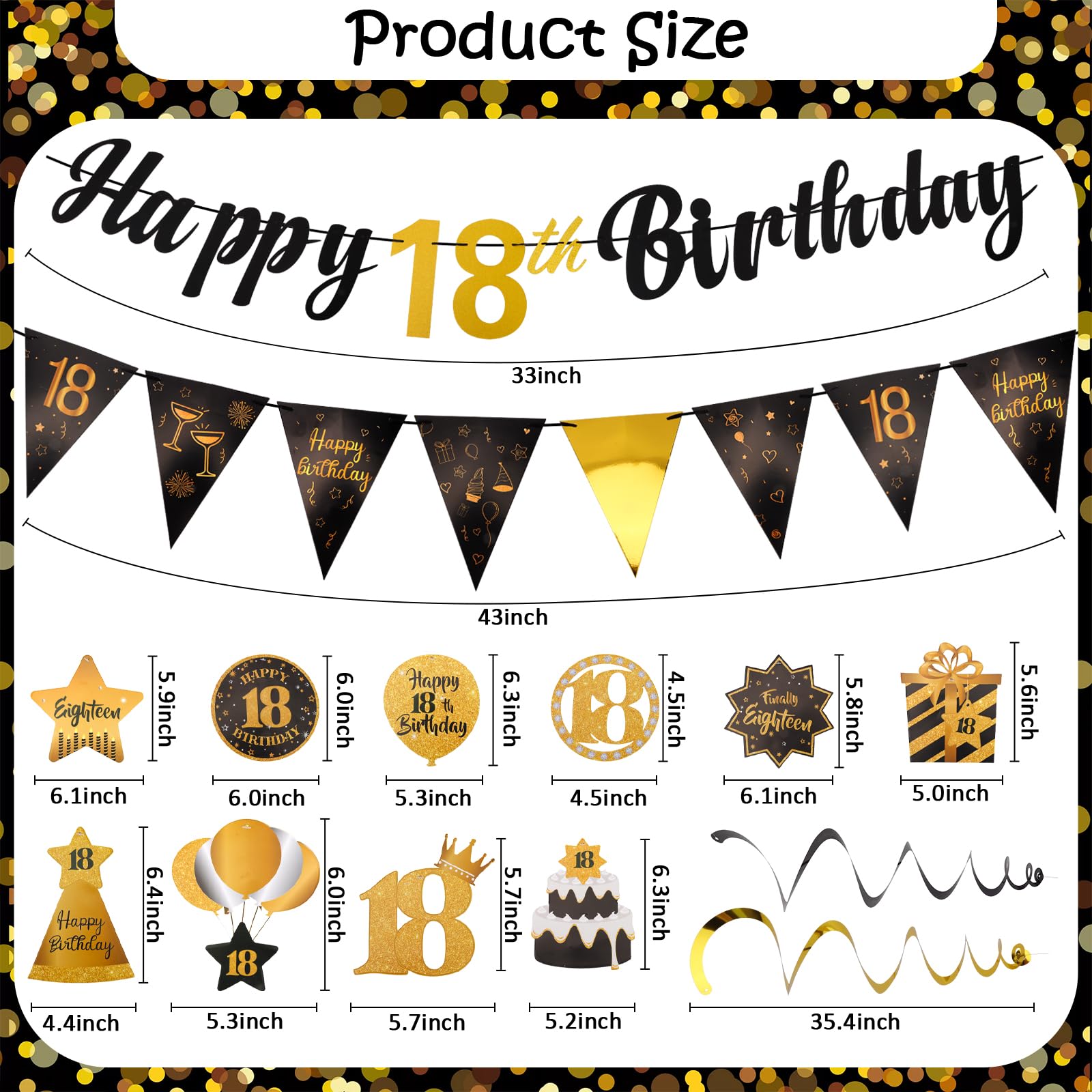 TIHEBAX Black&Gold 18th Birthday Decorations, 18th Birthday Decorations for Boys and Girls Happy 18th Birthday Banner with 10PCS Hanging Swirls Happy 18th Birthday Decorations 18th Birthday Party