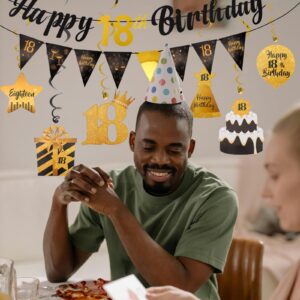 TIHEBAX Black&Gold 18th Birthday Decorations, 18th Birthday Decorations for Boys and Girls Happy 18th Birthday Banner with 10PCS Hanging Swirls Happy 18th Birthday Decorations 18th Birthday Party