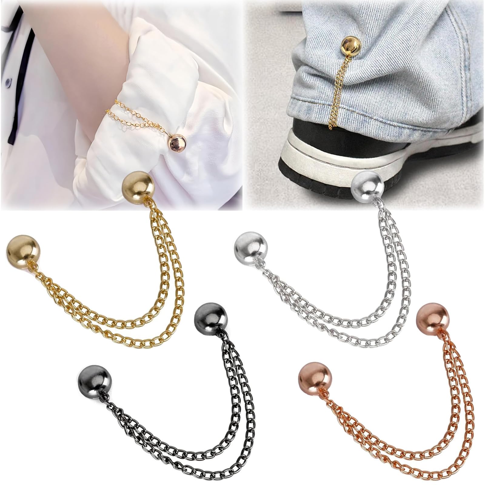 HOVGN Multi-Function Magnetic Clothing Clips, 4 Pack Hijab Magnets with Chain, Multi-Purpose Magnetic Pinless Brooch Strength Buttons Clips, Women Clothes Hijab Pins Decorate