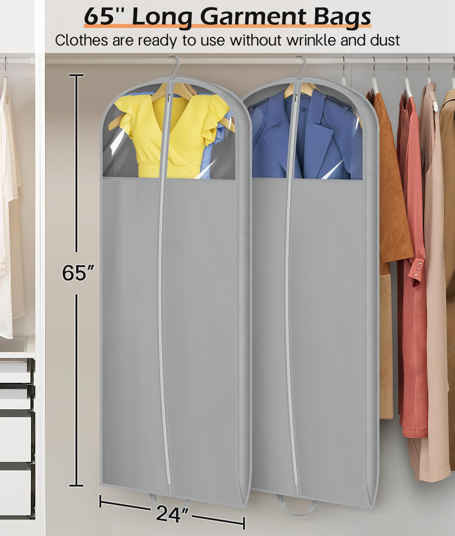 MISSLO 65" Foldable Garment Bags for Hanging Clothes Travel Waterproof Dress Bags for Gowns Long for Closet Storage Dress Protector Bag for Gowns, Suits, Coats, Grey, 2 Packs