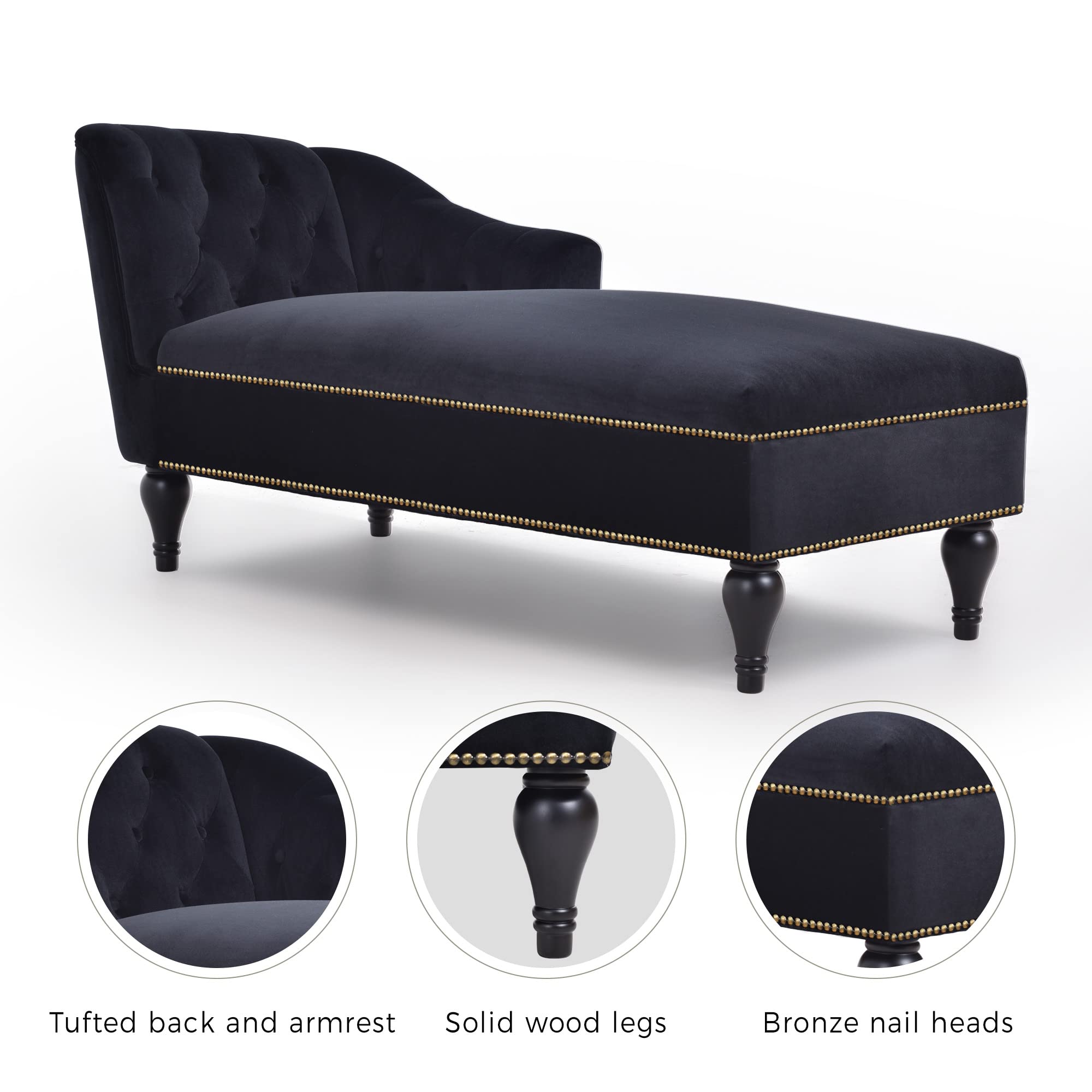 Favfurish 58'' Velvet Chaise Lounge,Sleeper Lounge Sofa,Button Tufted Right Arm Facing Lounge Upholstered Chair,with Nailhead Trim & Solid Wood Legs,for Living Room or Office,Black