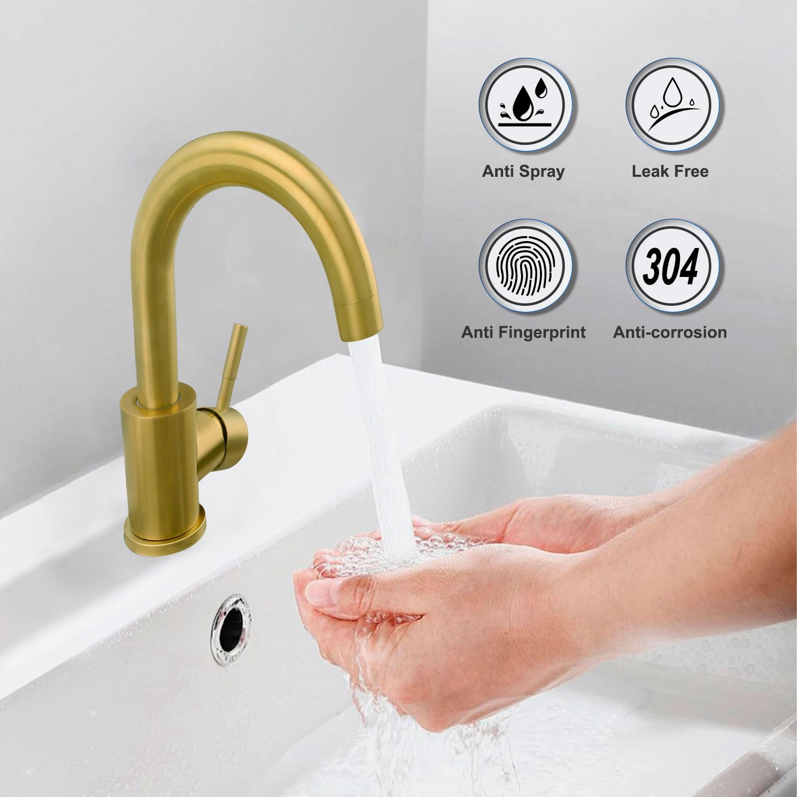 Hoanmpy 304 Stainless Steel Bar Sink Faucet, Bathroom Kitchen Faucet Brushed Gold PVD Pre Wet Small Mini Kitchen Bath Utility Marine Faucet Single Hole Farmhouse Vanity (Brushed Gold PVD)