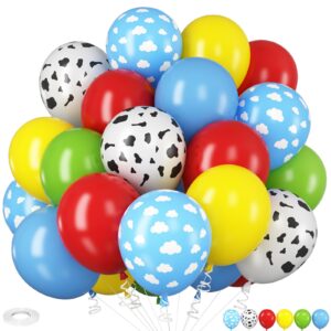 toy inspired story balloons, 12 inch cow print sky blue cloud balloons red blue yellow green latex balloons for kids boys birthday party inspired story party farm themed party decorations