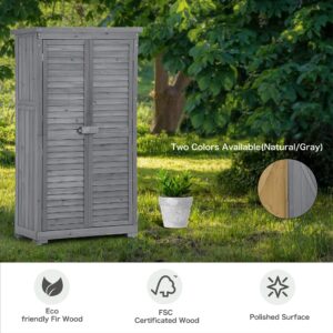 Gray Wooden Outdoor Organizer Lockable Cabinet 3-Tier Storage Solution Ideal Patio Storage Weatherproof Fir Wood Shutter Design