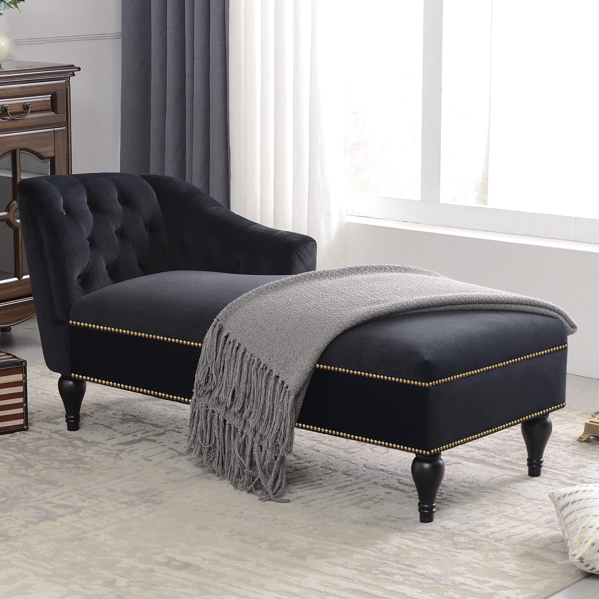 Favfurish 58'' Velvet Chaise Lounge,Sleeper Lounge Sofa,Button Tufted Right Arm Facing Lounge Upholstered Chair,with Nailhead Trim & Solid Wood Legs,for Living Room or Office,Black