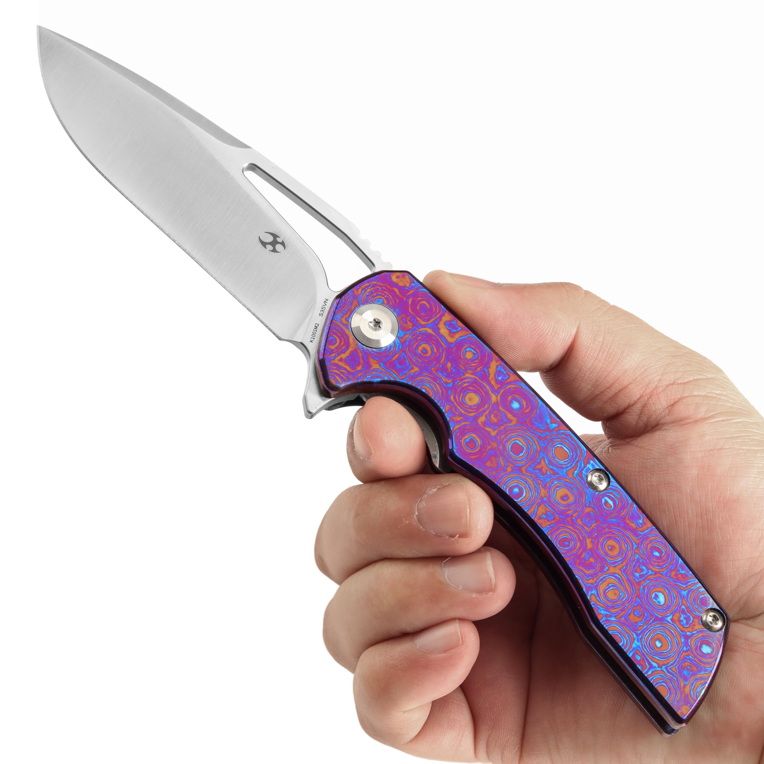 KANSEPT Kryo Pocket Knife 8.08in Folding Knives with 3.58in Satin CPM S35VN Drop Point Blade and Timascus Handle for Outdoor, Tactical, Hinking EDC K1001M2