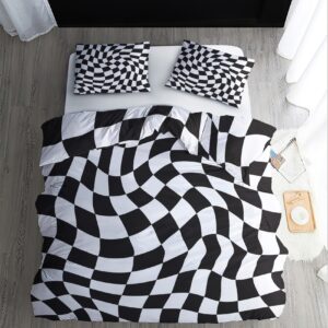 optical illusion duvet cover twin, black and white checkered geometric checkerboard psychedelic bedding set & bedroom decor - breathable microfiber, 2 pillow shams, with zipper closure & corner ties