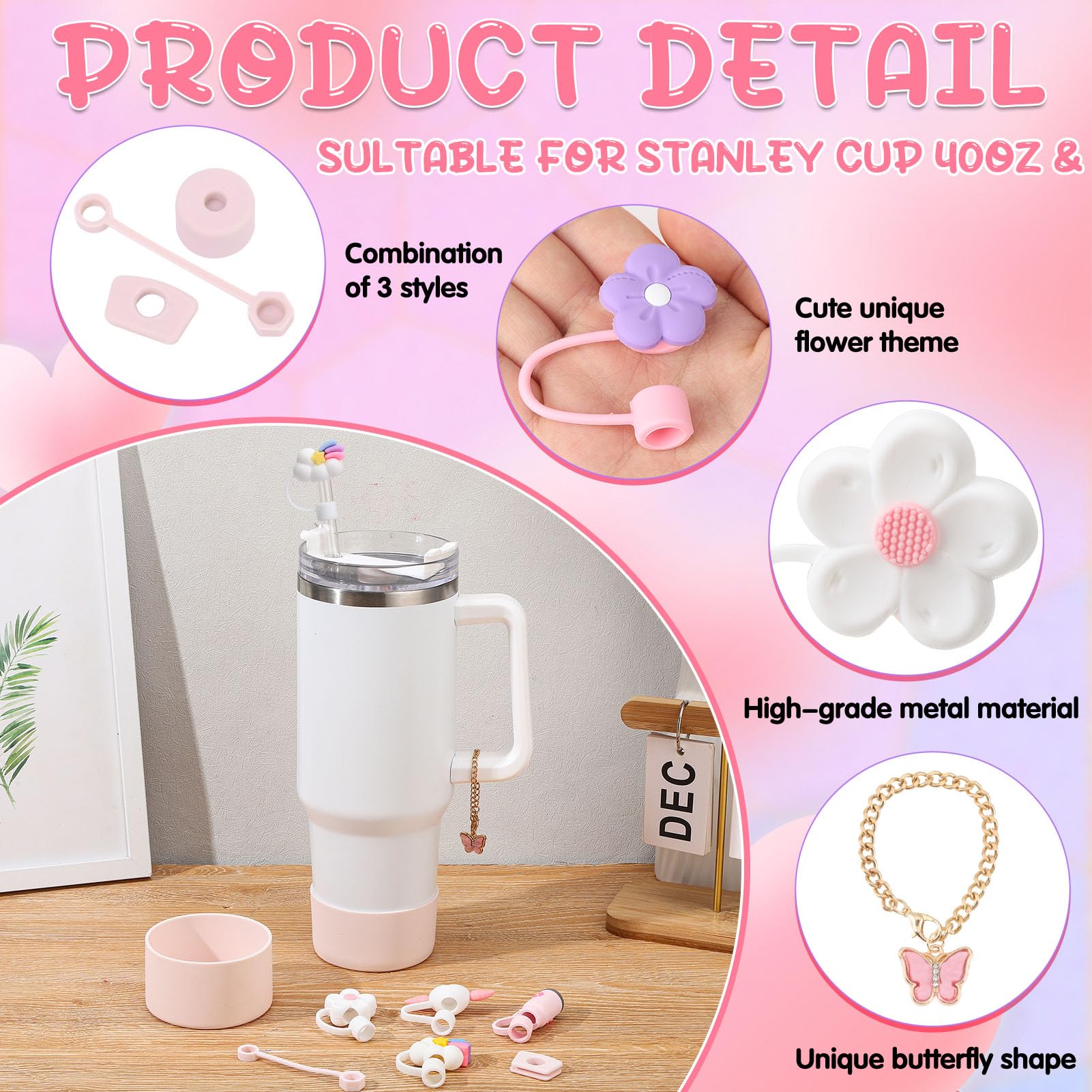 XLSXEXCL 18 Pcs Rose Quartz Cup Accessories for Stanley,Including 9 Pcs Silicone Spill Stopper for Stanley,5 Pcs Straw Cover Cap for Stanley,2 Pcs Charms and Bottom Protector for Stanley Cup 30&40Oz