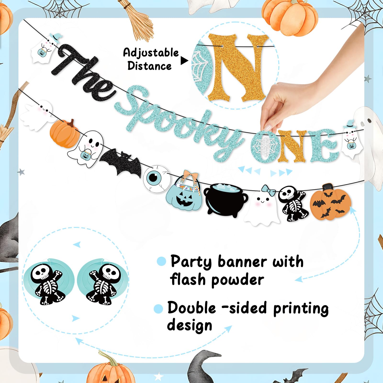 K KUMEED Blue Halloween Birthday Party Banner,The Spooky One Banner and Hanging Swirl Decorations Kit,Cute Ghost Pumpkin Bat Swirl Streamers for First Birthday Party Decorations Boys Girls