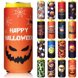 pickmesh 16pcs halloween slim can cooler sleeves 12oz skinny halloween can cover tall neoprene can holder pumpkin bat ghost insulated drink cover for beverage can bottle adult halloween party favors