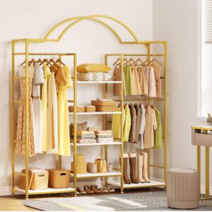 DWVO Heavy Duty Clothes Rack with Storage Shelves, Closet Organizer System for Hanging Clothes, 4-Tier Garment Rack Wardrobe with 3 Hanging Rods and 6 Shelves, Gold