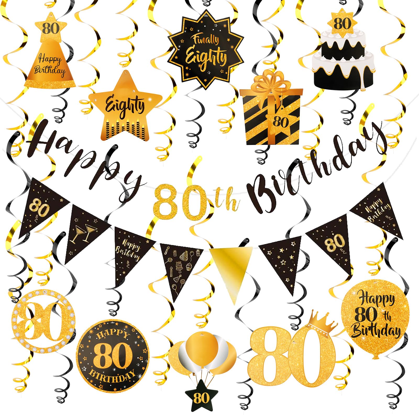 FASOTY 80th Birthday Decorations Black Gold 80th Birthday Decorations For Men Women Pre-assembled Happy 80th Birthday Banner Triangle Flag Glitter Hanging Swirls for 80th Birthday Party Birthday Party Decorations Supplies