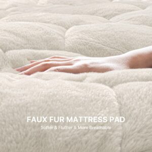 TEXSTEAD Queen Faux Fur Mattress Pad Quilted Fitted Mattress Protector, Fluffy Warm Soft Breathable Mattress Cover, Mattress Topper with 8-21" Deep Pocket (White)