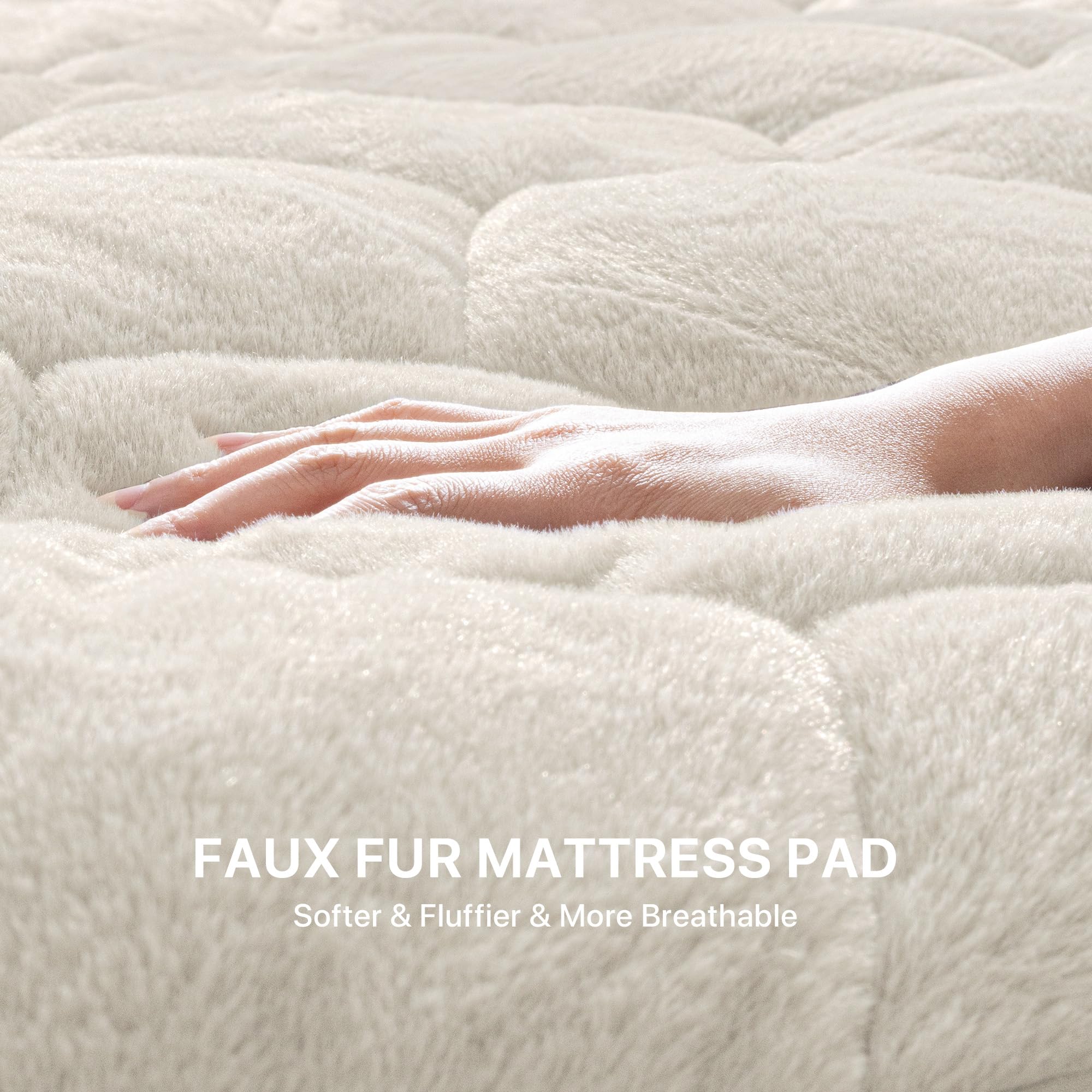 TEXSTEAD Queen Faux Fur Mattress Pad Quilted Fitted Mattress Protector, Fluffy Warm Soft Breathable Mattress Cover, Mattress Topper with 8-21" Deep Pocket (White)