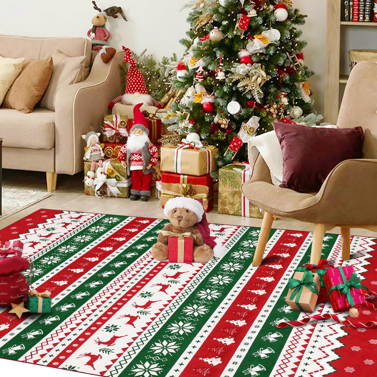 U'Artlines Christmas Washable Area Rug 5 X 7 ft Colorful Christmas Tree Deer Bell Laundry Rug Runner Non Slip Winter Soft Throw Rugs Carpet for Entryway Living Room Bedroom