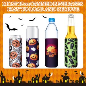 Pickmesh 16Pcs Halloween Slim Can Cooler Sleeves 12oz Skinny Halloween Can Cover Tall Neoprene Can Holder Pumpkin Bat Ghost Insulated Drink Cover for Beverage Can Bottle Adult Halloween Party Favors