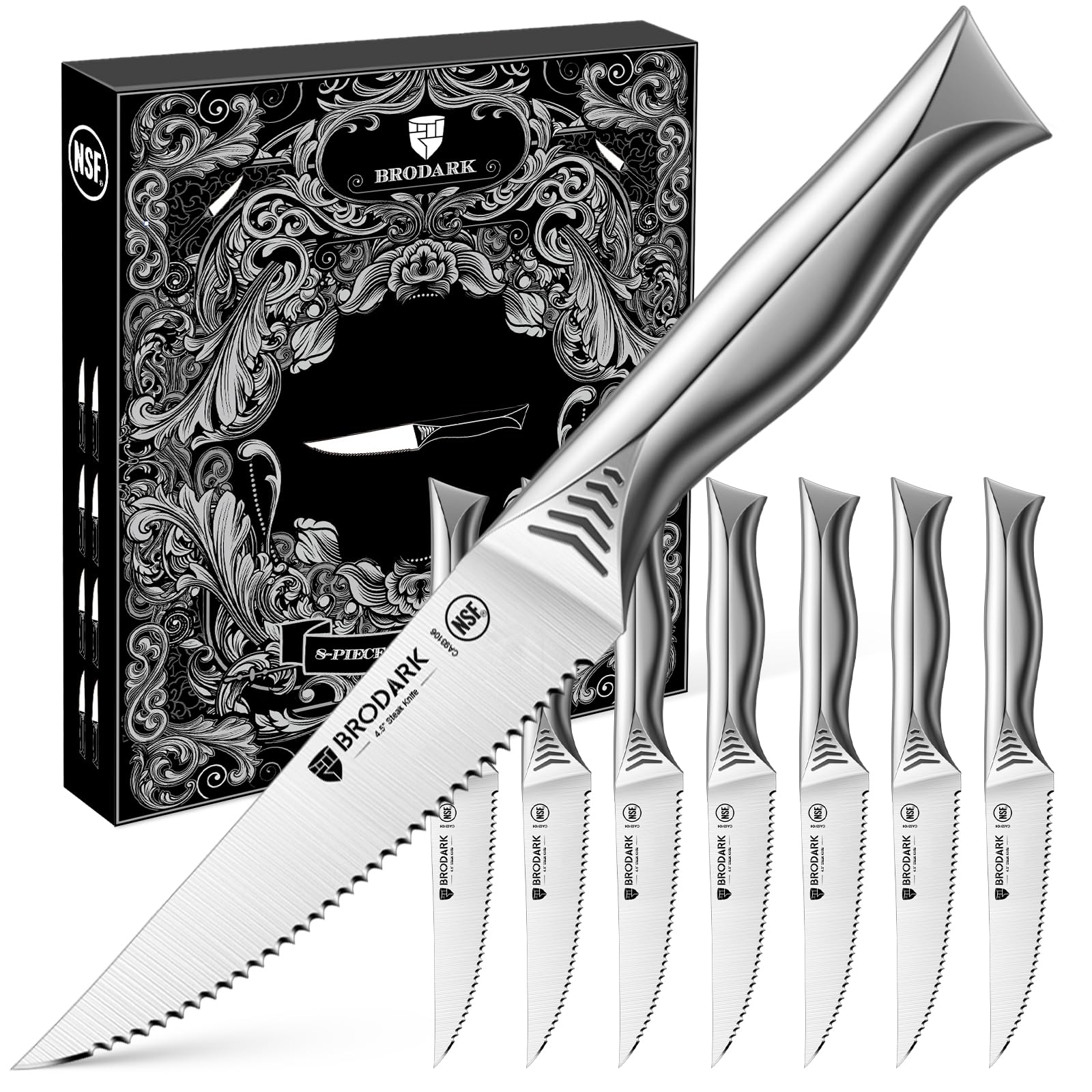 BRODARK Steak Knives Set of 8, 4.5 Inch Serrated Steak Knives, High Carbon Stainless Steel Kitchen Steak Knife Set, Never Need Sharpening, NSF Certified, Shark Series