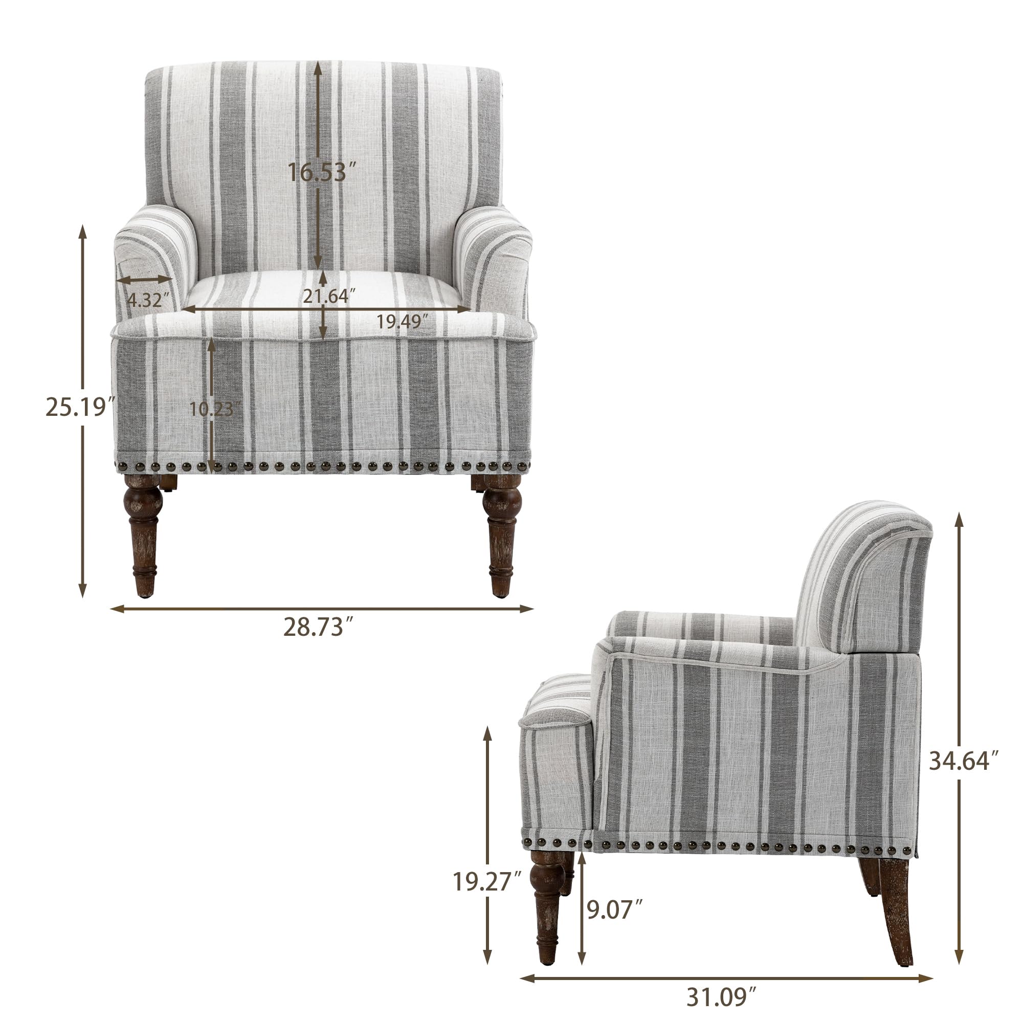 UIXE Stripe Accent Chair Arm Chair, Modern Nailhead Trim Club Armchair with Wood Legs, Comfy Living Room Single Sofa Reading Seat Bedroom Side Seating for Home Office, Gray