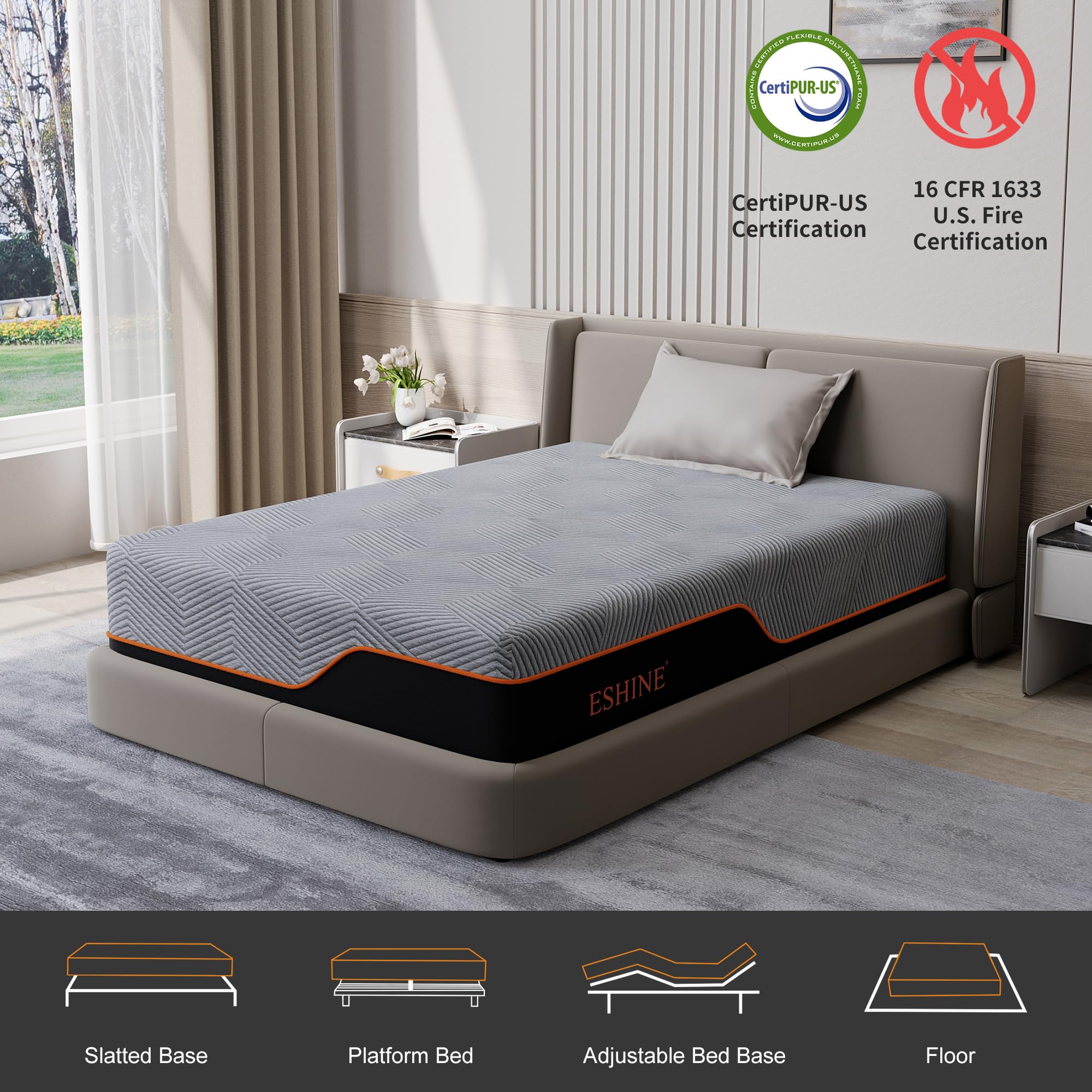 ESHINE 14 inch Full Memory Foam Mattress - Full Size Mattress with Cooling Gel Memory Foam for Pressure Relief, Green Tea Mattress in a Box for Comfort Sleep, CertiPUR-US Certified, Dark Grey