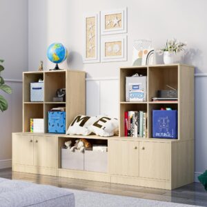 cozy castle combination book shelf, 3-piece bookcase set with 8 cubes and 4 doors, large cube storage bookshelf for living room, playroom and classroom, oak