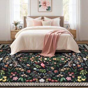 Area Rug Living Room Rugs: 5X7 Washable Large Floral Low Pile Rug Non Slip Backing Indoor Floor Throw Carpet for Bedroom Kitchen Dining Room Playroom Office, Black