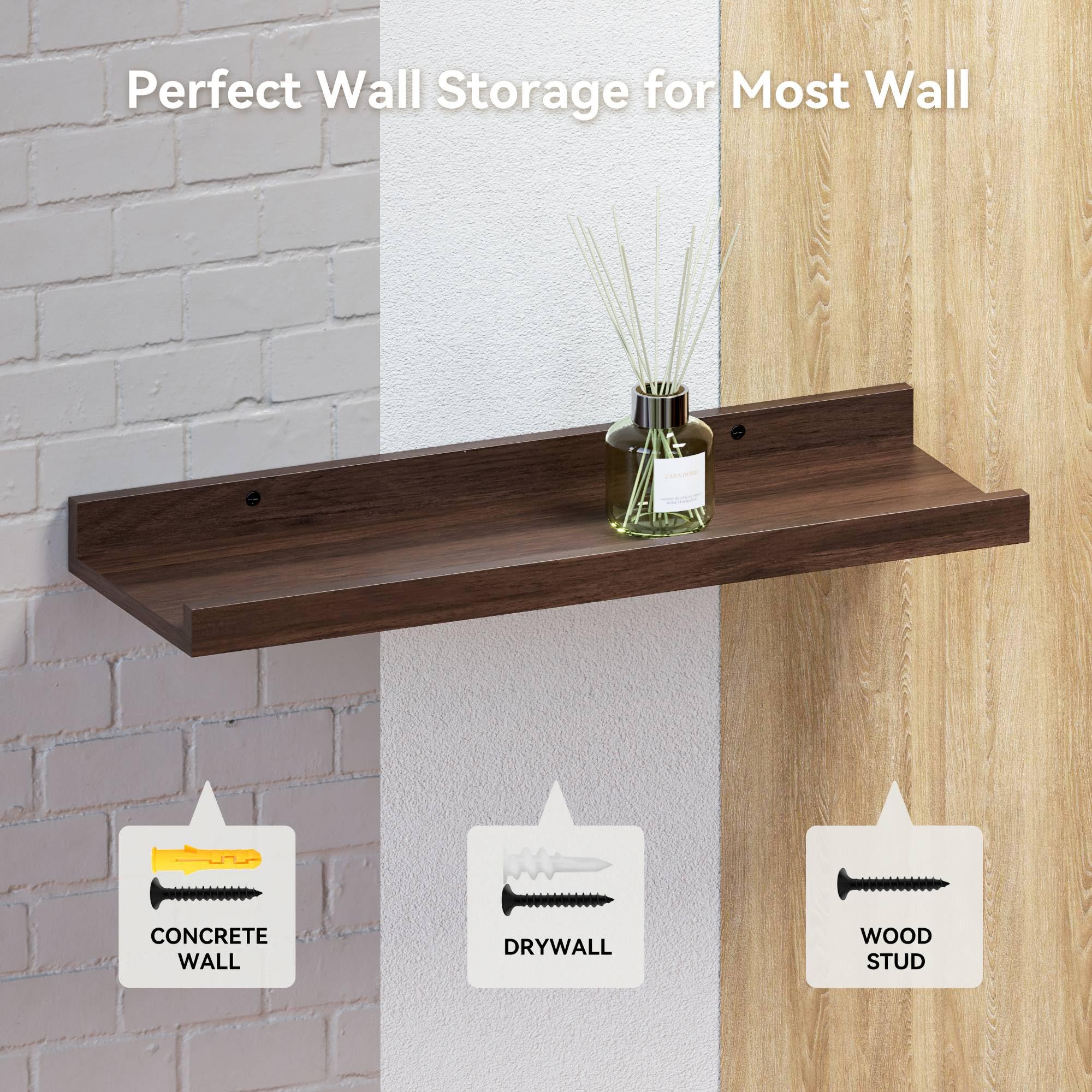 Boswillon Floating Shelves Wall Mounted Set of 2, Farmhouse Wall Shelves for Storage with Lip, Display Picture Ledge Shelf for Wall Decor Bedroom Living Room Bathroom Kitchen - Walnut