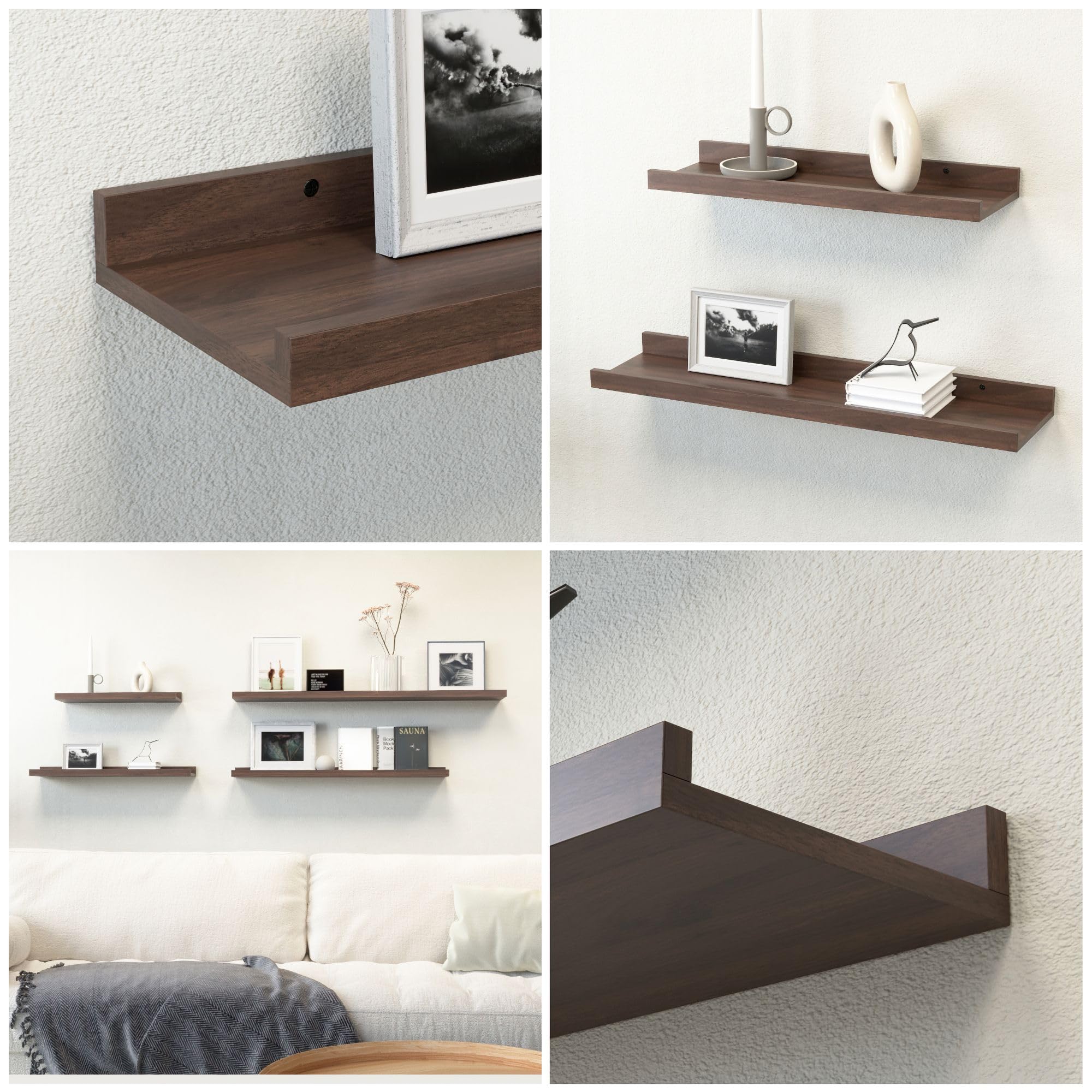 Boswillon Floating Shelves Wall Mounted Set of 2, Farmhouse Wall Shelves for Storage with Lip, Display Picture Ledge Shelf for Wall Decor Bedroom Living Room Bathroom Kitchen - Walnut