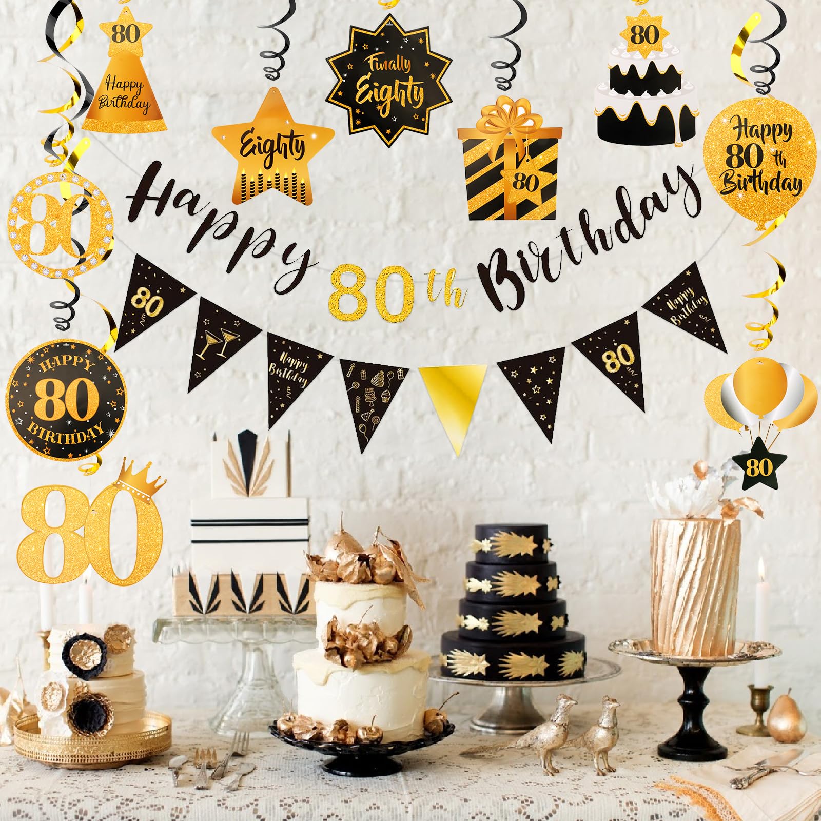 FASOTY 80th Birthday Decorations Black Gold 80th Birthday Decorations For Men Women Pre-assembled Happy 80th Birthday Banner Triangle Flag Glitter Hanging Swirls for 80th Birthday Party Birthday Party Decorations Supplies