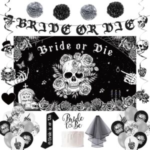 roetyce bride or die bachelorette party decorations, 35pcs black bride to be banner balloons sash veil hanging swirls cake topper kit, till death do us decorations for bridal shower wedding party