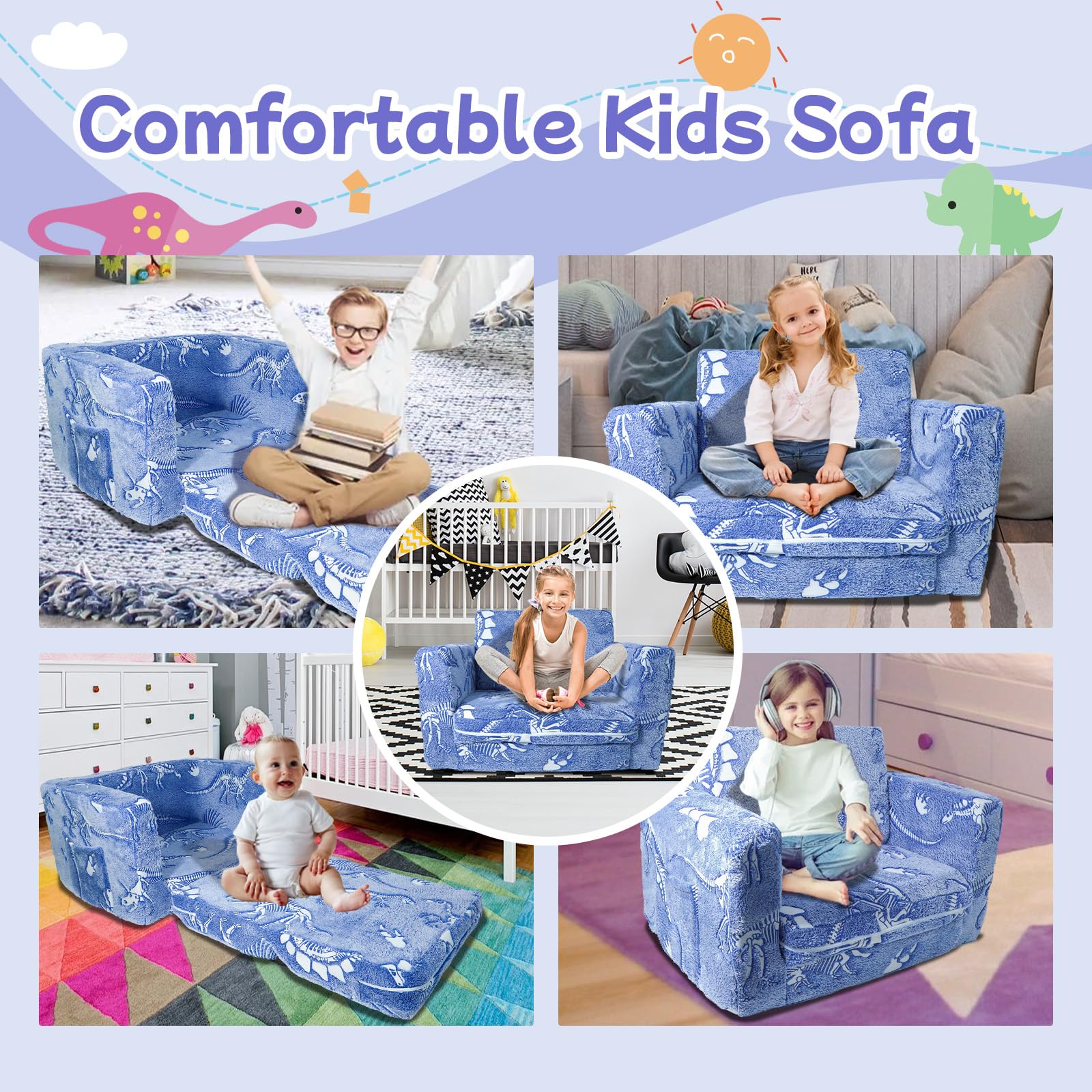 OSYKIU Kids Couch, 2-in-1 Toddler Sofa Fold Out, Comfy Toddler Sofa Chair, Convertible Kids Couch to Lounger, Dinosaur Baby Sofa Chair for Boys and Girls Gifts, Folding Kids Play Sofa Bed