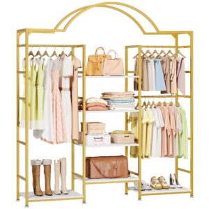 dwvo heavy duty clothes rack with storage shelves, closet organizer system for hanging clothes, 4-tier garment rack wardrobe with 3 hanging rods and 6 shelves, gold