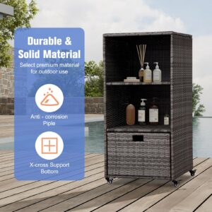 Kinpaw Pool Towel Rack Outdoor Storage Cabinet - 49” High Pool Towel Rack with with Storage Shelves & Drawer & Caters, Patio Wicker Towel Holder for Pool Area Outside, Hot Tub, Spa, Gray