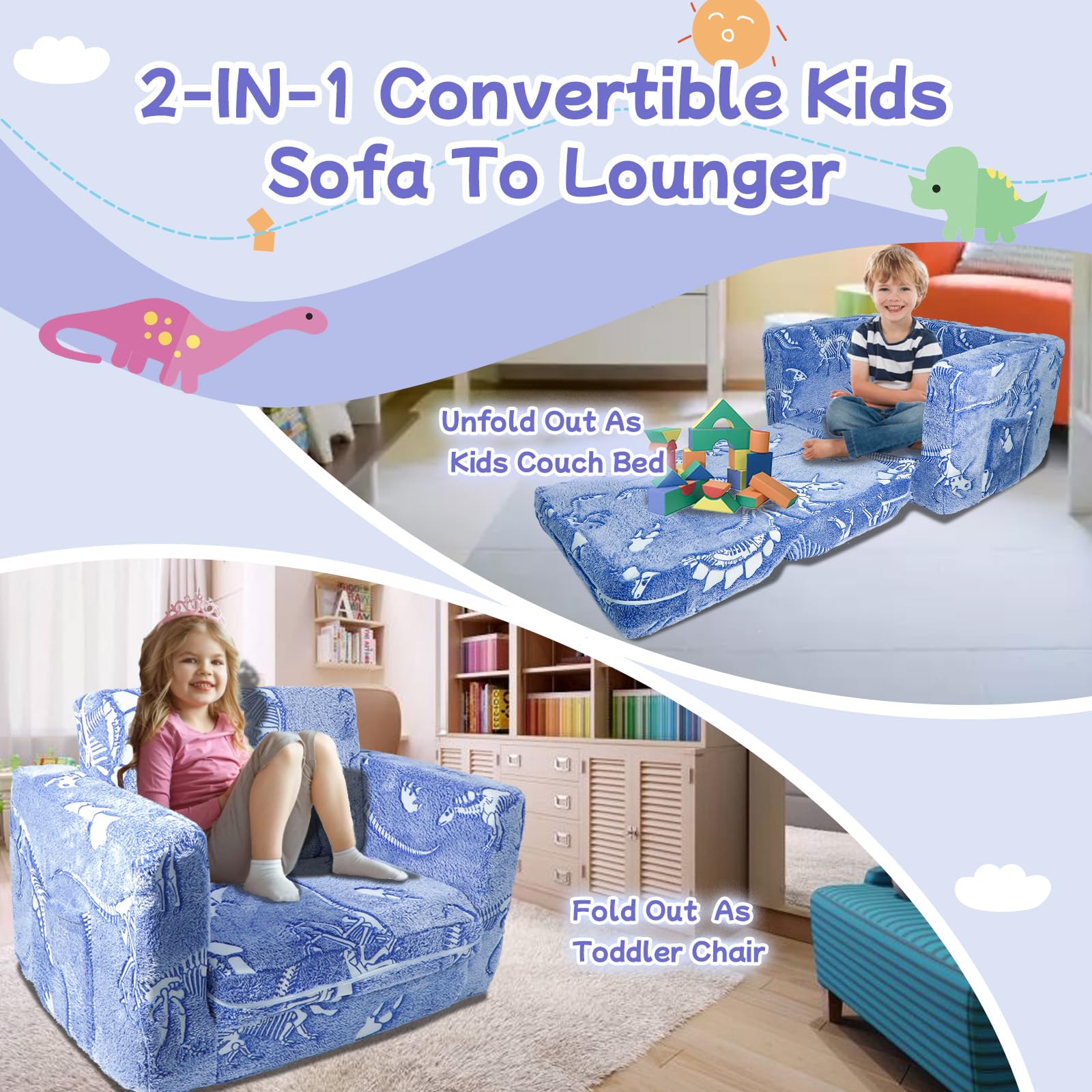 OSYKIU Kids Couch, 2-in-1 Toddler Sofa Fold Out, Comfy Toddler Sofa Chair, Convertible Kids Couch to Lounger, Dinosaur Baby Sofa Chair for Boys and Girls Gifts, Folding Kids Play Sofa Bed